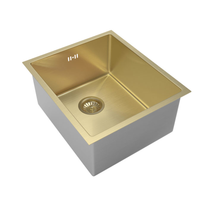 Ohelu Single Kitchen Sink 380mm with Over Flow and Rack - Brushed Brass