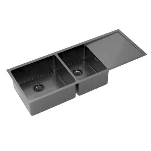 Ontario Double Kitchen Sink with Over Flow and Rack - Brushed Gunmetal ...